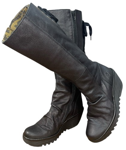 Fly London Women's Yust Black Leather Lace Up Wedge Knee High Boots EU ...