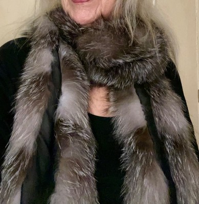 BASLER Frost Blue FOX SCARF ... lightweight with chiffon 70" UNWORN ...
