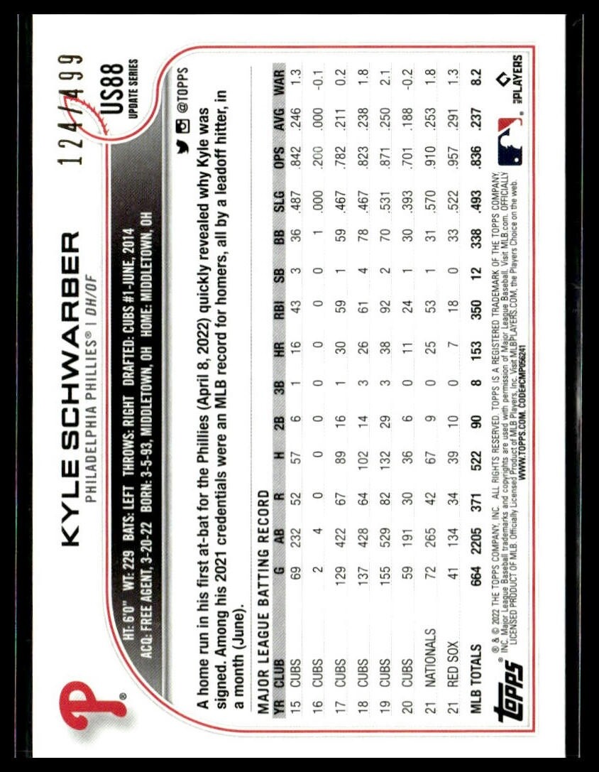 2022 Topps Update Series - Green Foil #US88 Kyle Schwarber /499 for ...