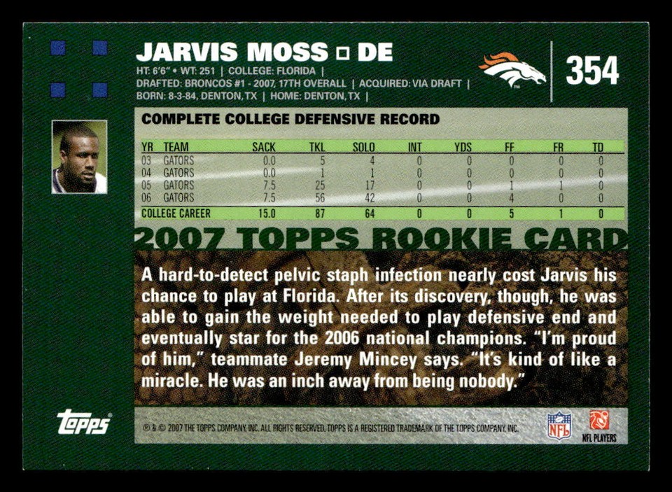 Jarvis Moss 2007 Topps Rookie Card #354 Denver Broncos | eBay