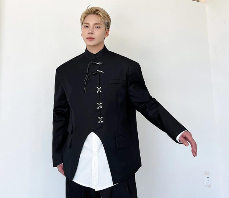 Men's Fashion Chinese Style Stand Collar Long Sleeve Loose Asymmetrical ...