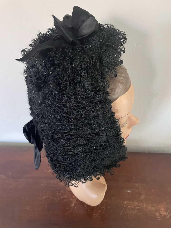 ANTIQUE c.1800s Victorian Black Knit Fringe MOURNING BONNET with Jet ...
