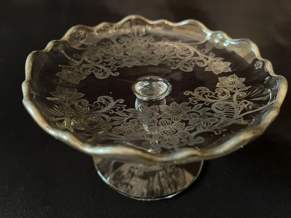 Vintage Clear Glass Small Compote Silver Overlay Floral Design 3”x 5 ...