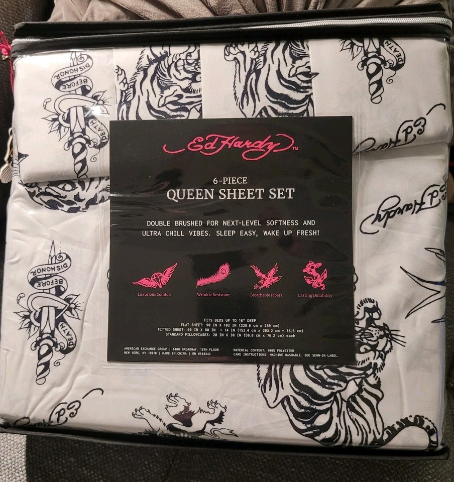 NWT Ed Hardy QUEEN 6-piece Size Tattoo Roses Skulls Eagles Tiger EDGY ...
