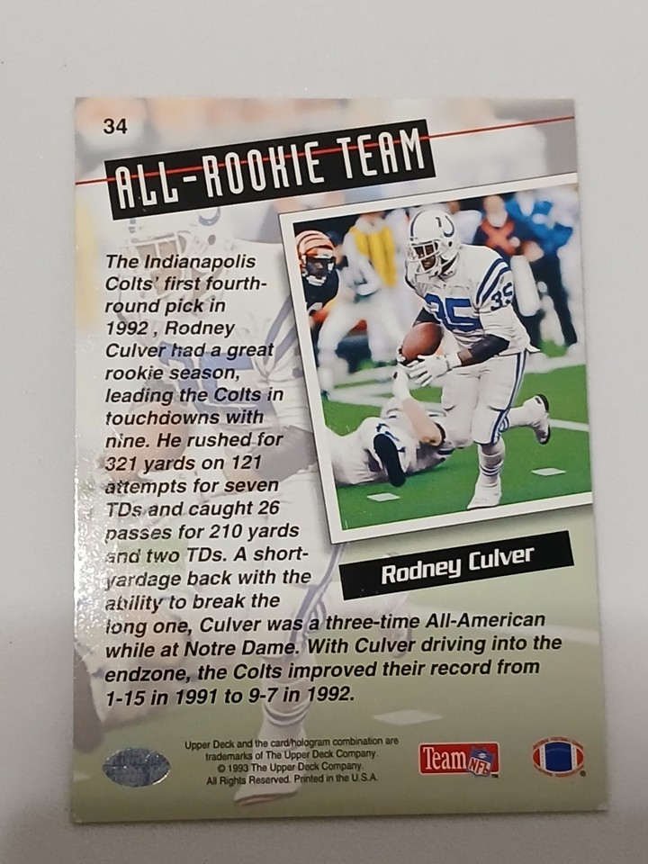 Rodney Culver Indianapolis Colts 1993 Upper Deck All - Rookie Team Card ...