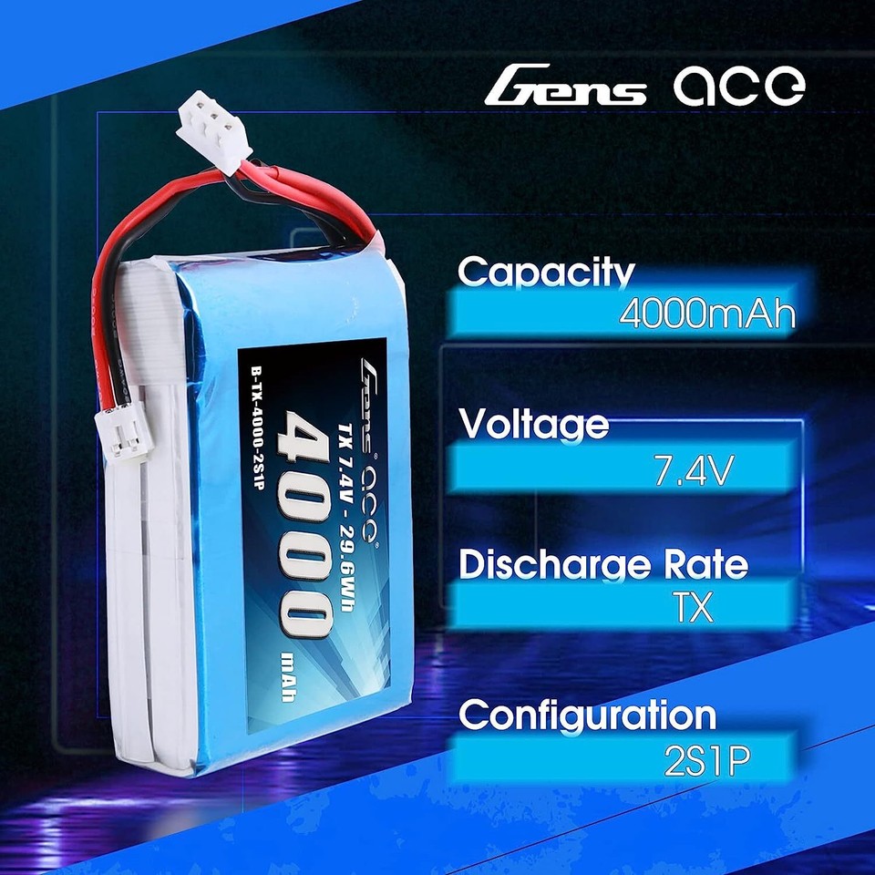 Gens ace 4000mAh 7.4V TX 2S LiPo Battery JST-EHR For Spektrum DX7S ...