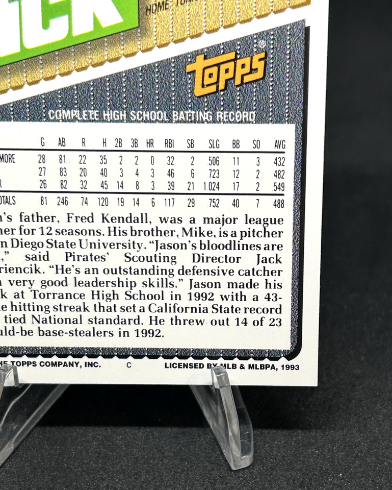 Jason Kendall - RC Rookie - 3 Time All-Star Catcher - 1993 Topps # 334 ...