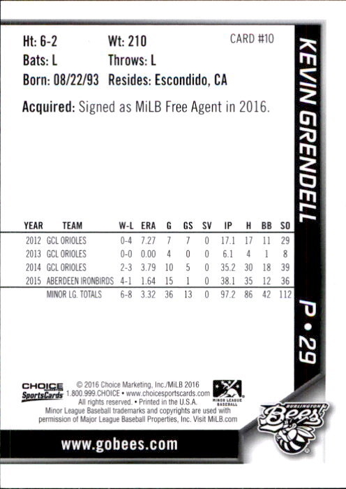 2016 Burlington Bees Choice 10 Kevin Grendell Escondido California ...
