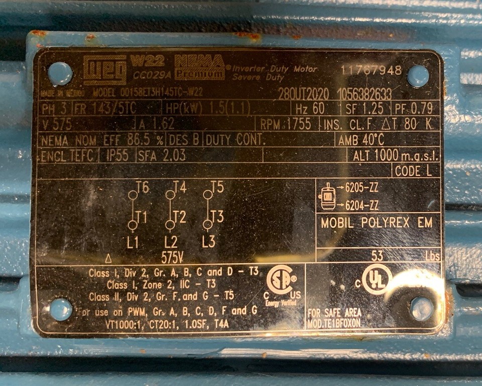 WEG 00158ET3H145TC-W22- 1.5HP, 1755RPM, 575V, 3PH, 143/5TC FRAME MOTOR ...