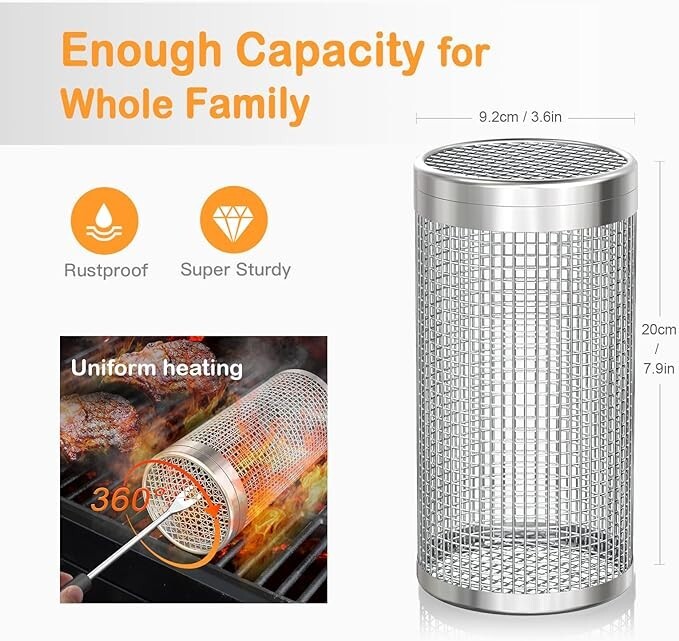 2PCS BBQ Net Tube Rolling BBQ Grilling Basket Round Stainless Steel for ...