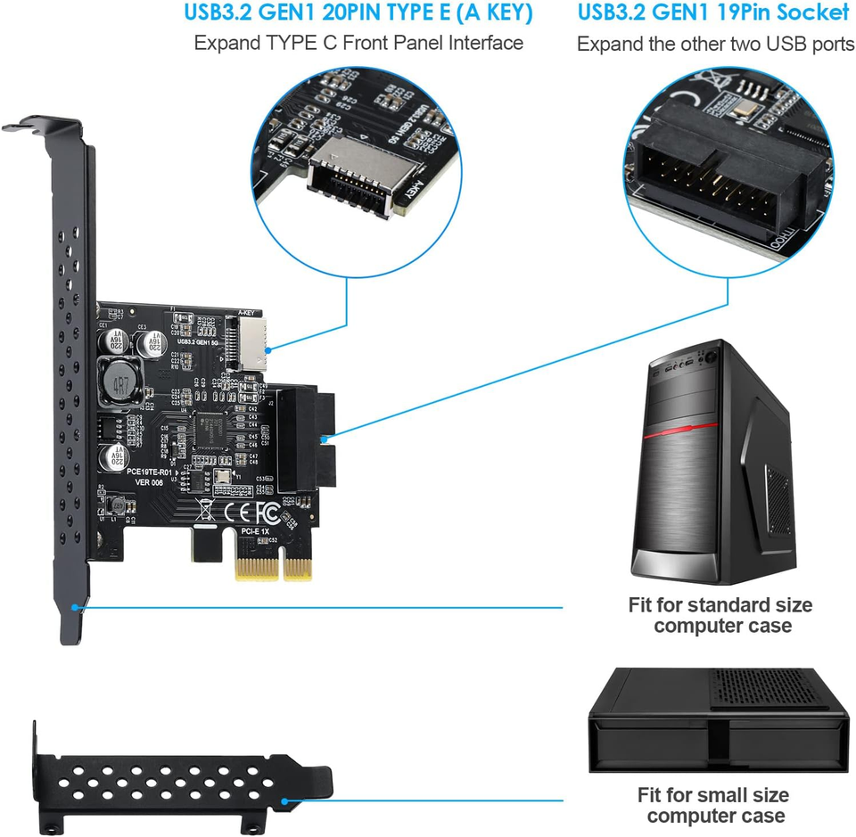PCI-E 1X to USB 3.2 GEN1 5Gbps 20Pin Front Panel Header To Type-C Front ...