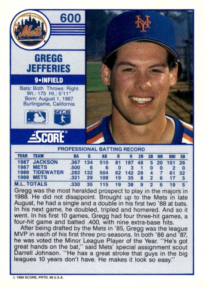 1989 Score #600 Gregg Jefferies | eBay