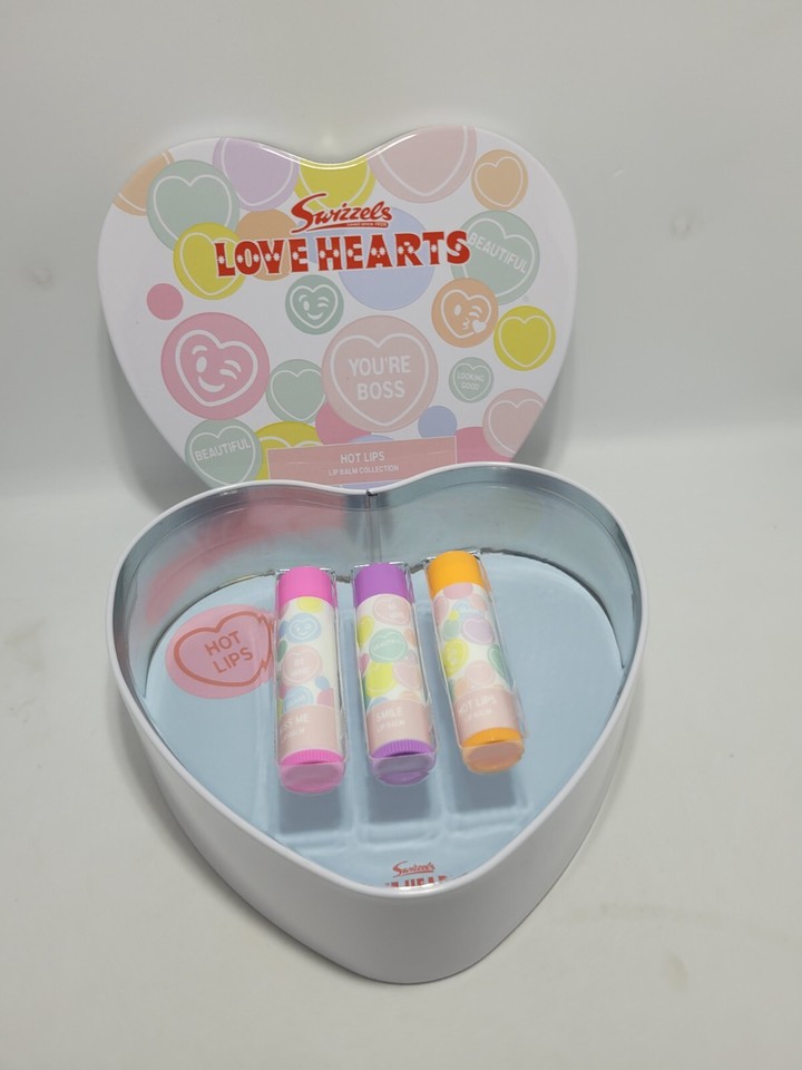 SWIZZELS LOVE HEART LIP BALM SET OF 3 X6ml HEART SHAPED TIN GIFT SET ...
