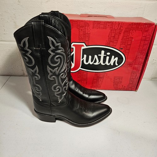 Justin Boots 13 Inch Round Toe Pull On Cowboy Mens Black Boots 1409 ...