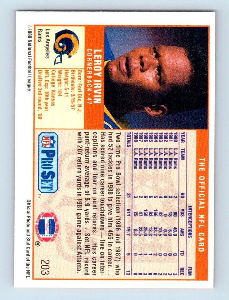 1989 Pro Set LeRoy Irvin Los Angeles Rams #203 | eBay