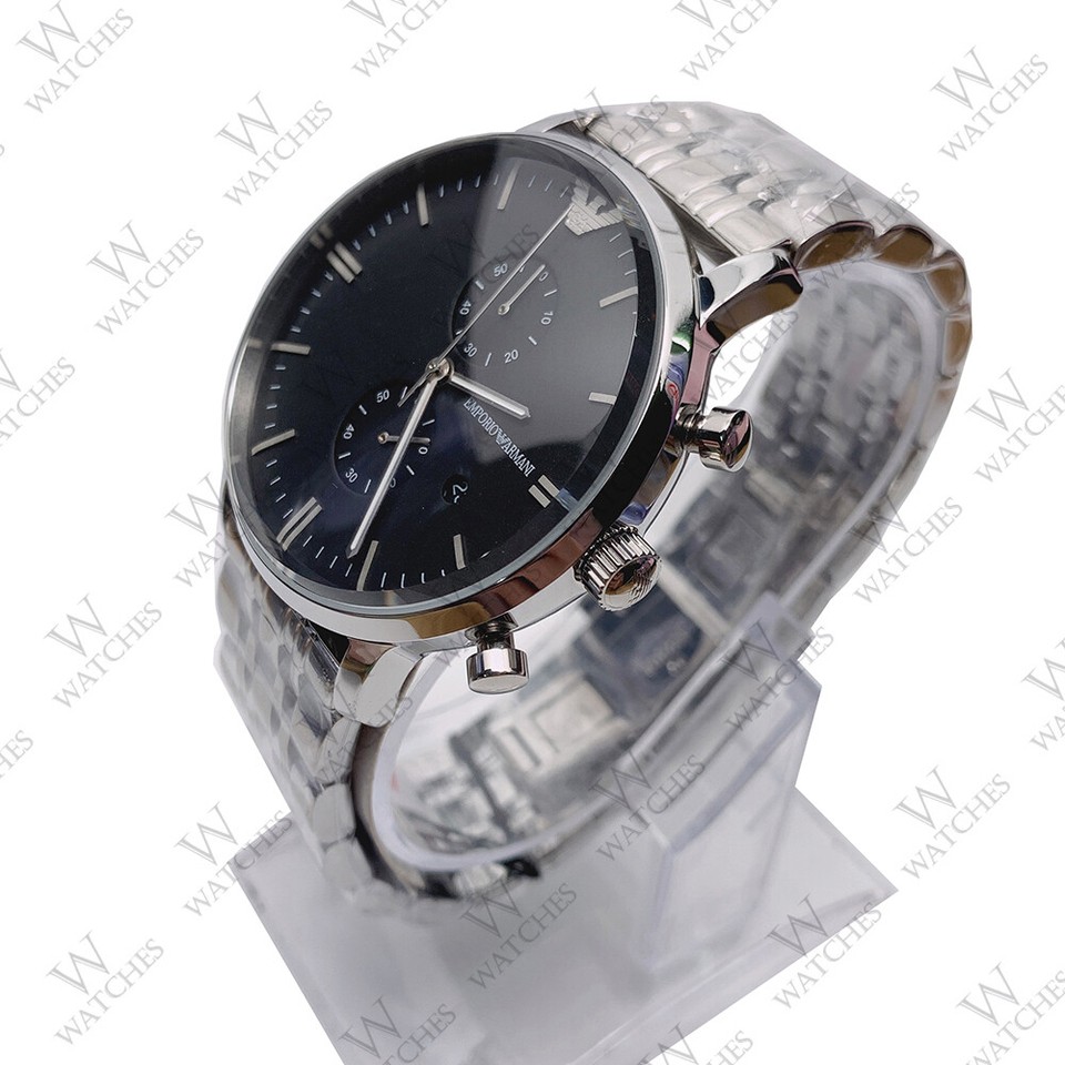 New Emporio Armani AR0389 Chronograph Silver Band Black Dial Quartz Men ...