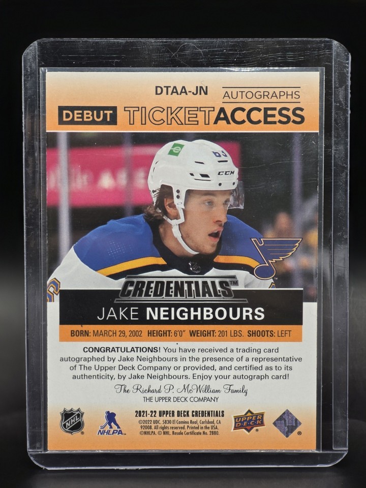 Jake Neighbours 2021-22 Credentials Debut Ticket Access Auto /45 🎶 St ...