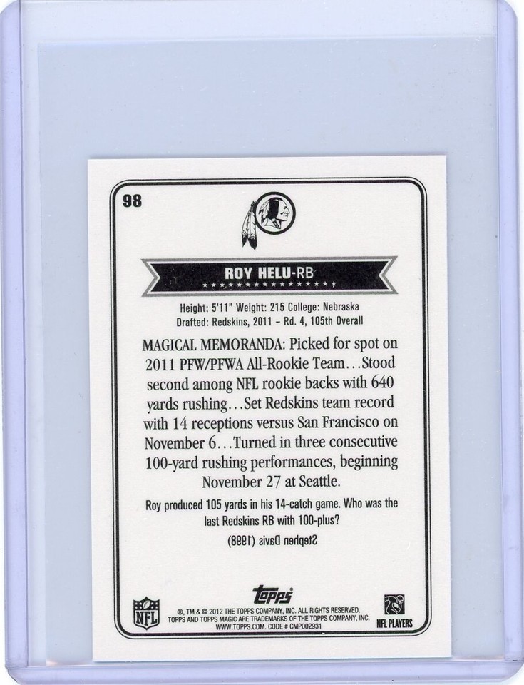 2012 TOPPS MAGIC MINI ROY HELU #98 WASHINGTON COMMANDERS NEBRASKA ...
