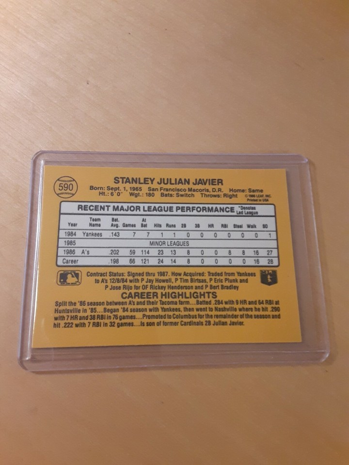 1987 Donruss #590 STAN JAVIER Oakland Athletics Baseball Cards ...