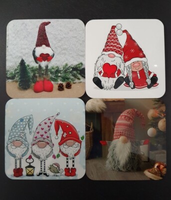 Christmas gnome gonk coaster set 4 hard wood glossy free airfreshner ...