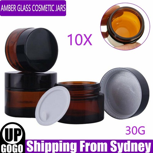 10x Amber Glass Cosmetic Jars Black Wadded Lid Cream Lotion Container ...
