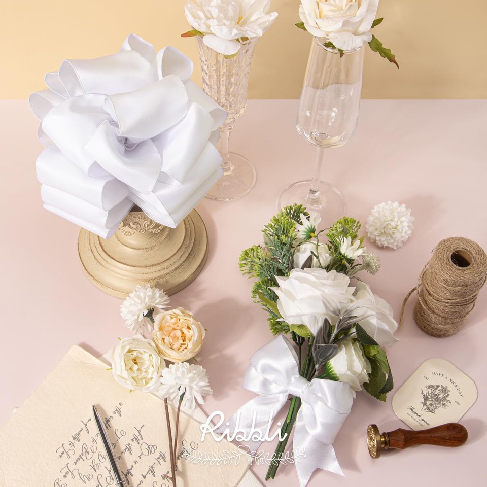 Ribbli White Double Faced Satin Wired Ribbon 1.5 Inch Christmas Ribbon ...