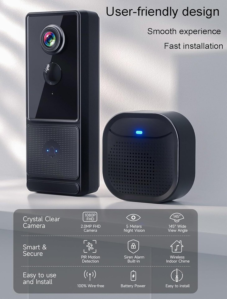 1080P Video Doorbell Wireless Camera WiFi Smart Door Intercom Bell ...
