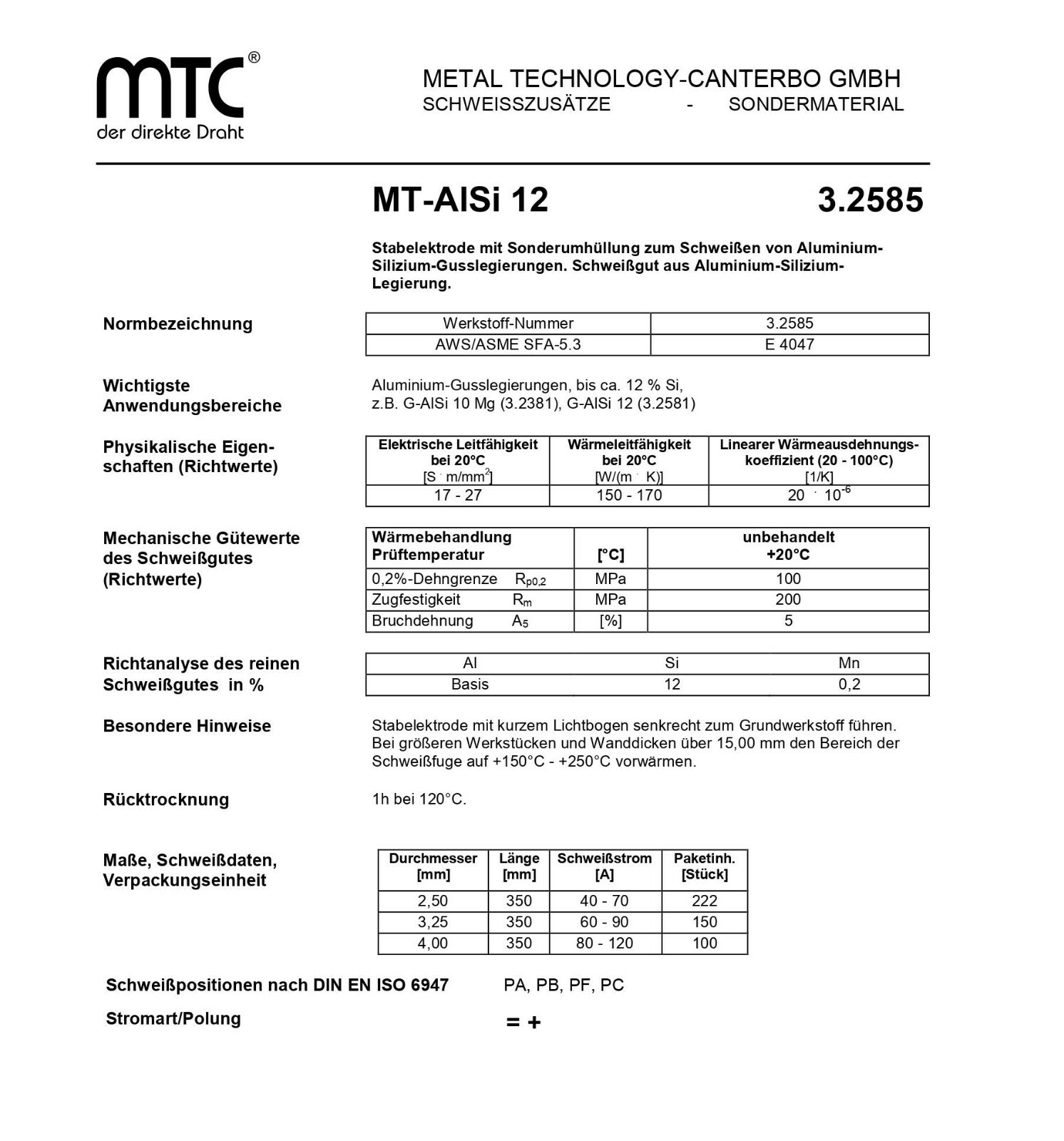 Stabelektroden AlSi 12 2,5 | 3,2 | 4 x350 mm 3.2585 Alu Aluminium ...