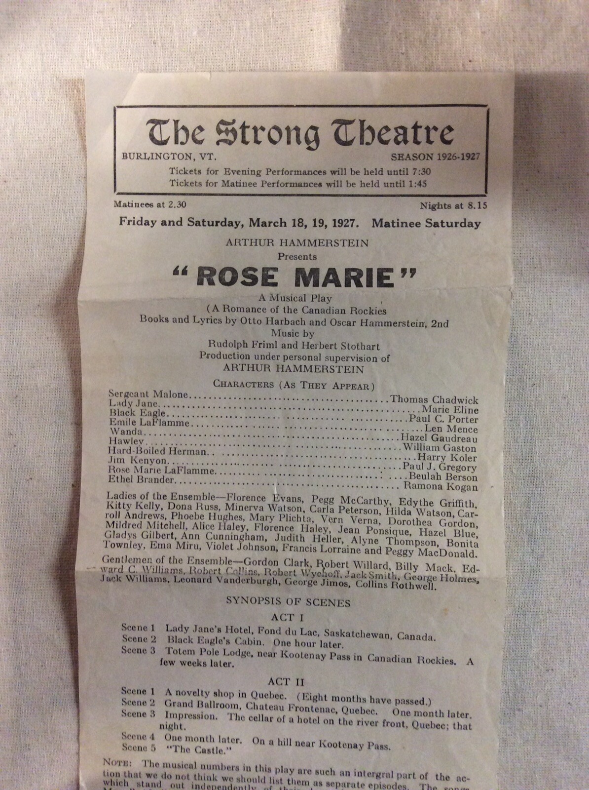 The Strong Theater Burlington Vermont 1927 Rose Marie Program Arthur ...