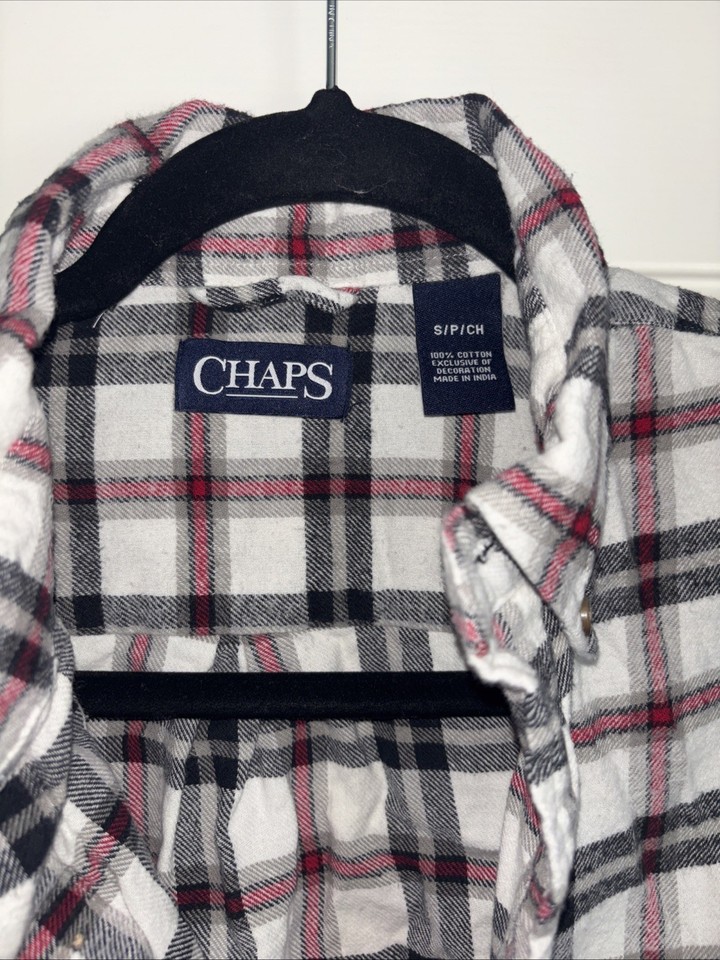 Mens Sz S Black Red White & Gray Plaid Chaps Brushed Flannel Button Up ...