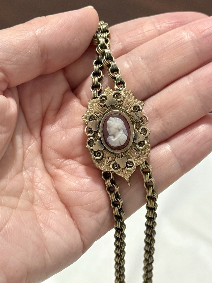 Antique victorian gold filled GF cameo slide chain necklace 30” 36.4g ...