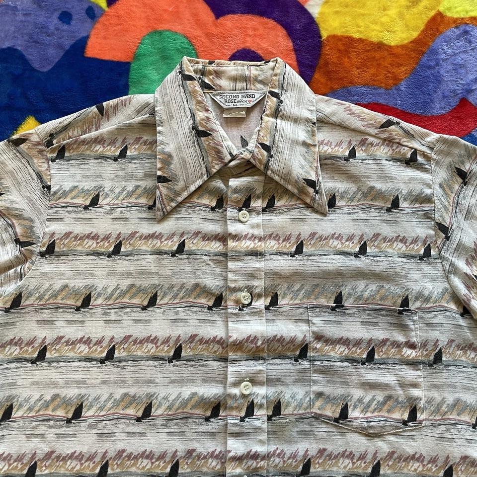 Vintage 80s Button Up Shirt Men’s Small Beige Tan Geometric Boat Art ...
