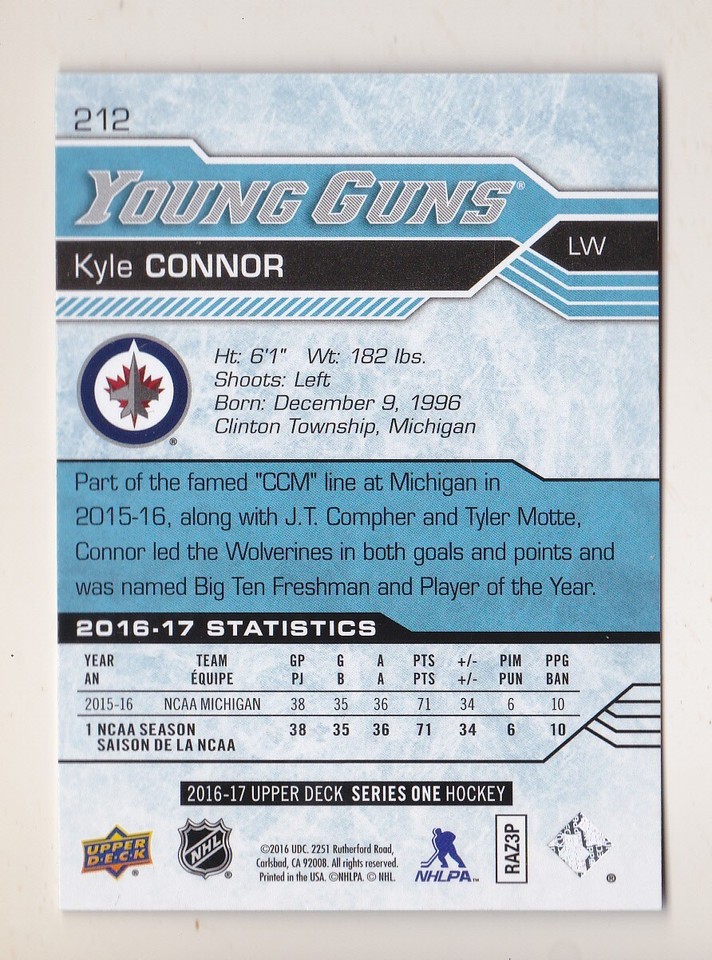 16-17 Upper Deck Kyle Connor Young Guns Rookie Winnipeg Jets 2016 | eBay