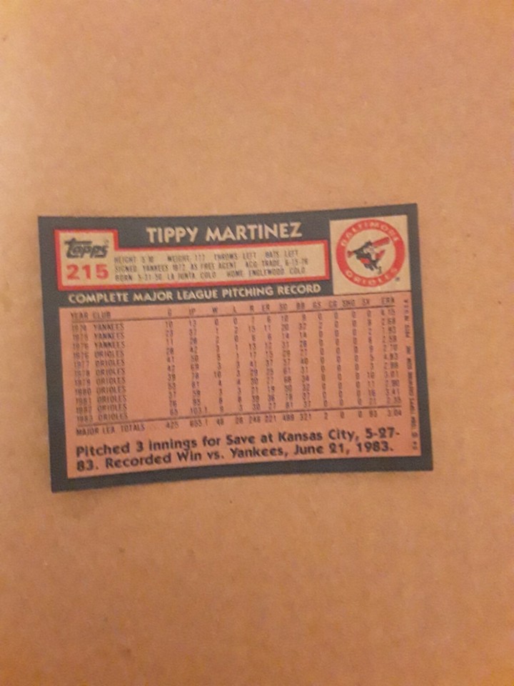 1984 Topps Tippy Martinez baseball card #215. Baltimore Orioles. | eBay