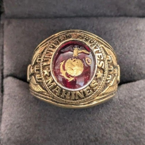 18K GE Yellow Gold Plated US Marine Corps Signet Ring USMC Veteran Men ...