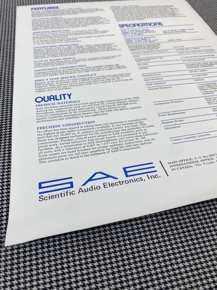 SAE 2200 STEREO POWER AMPLIFIER ORIGINAL INFO/ADVERTISEMENT PAGE J0751 ...