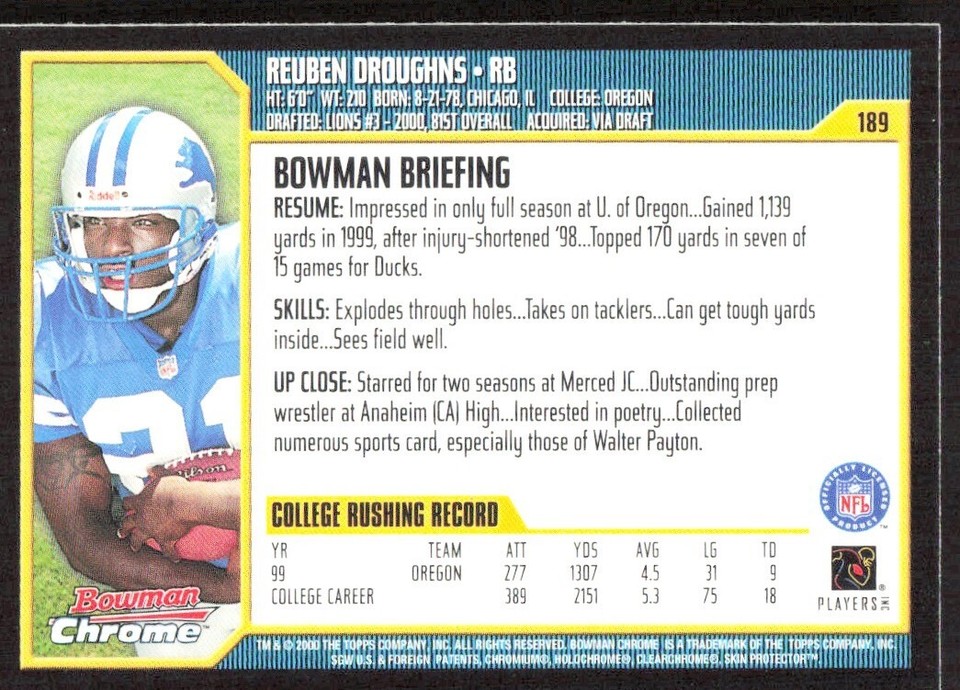 2000 5559B Bowman Chrome Reuben Droughns Rookie Detroit Lions #189 | eBay