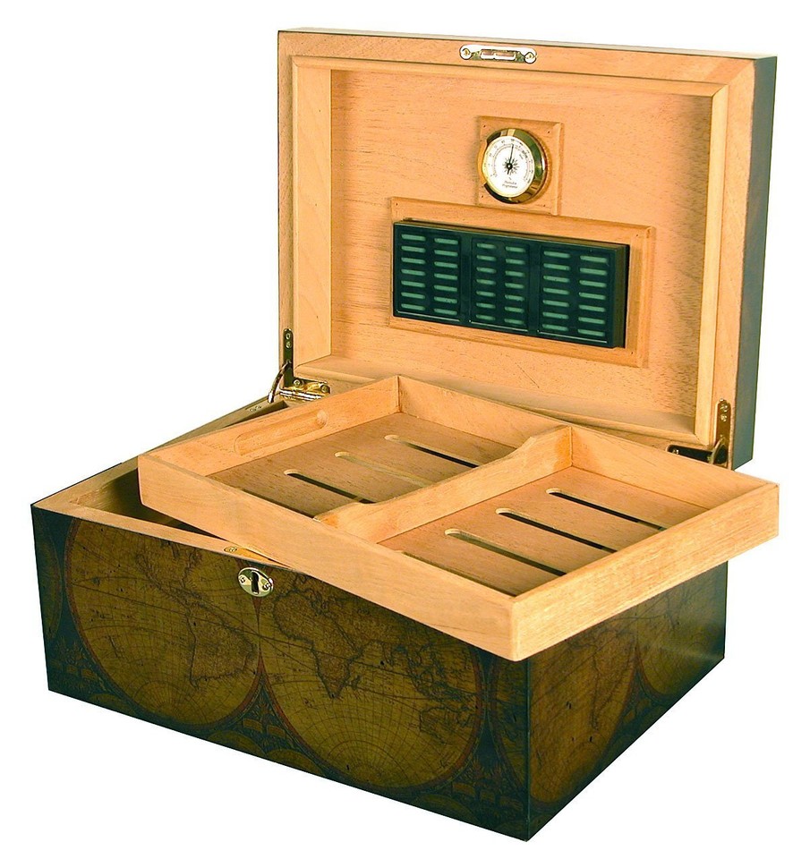 OLD WORLD Map Cigar HUMIDOR Antique Distressed Finish - Holds up to 100 ...