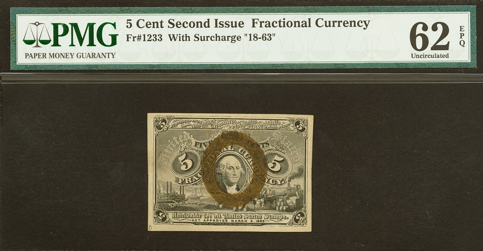Fr. 1233, PMG 62EPQ, US Fractional Currency, Second Issue 5c Washington ...