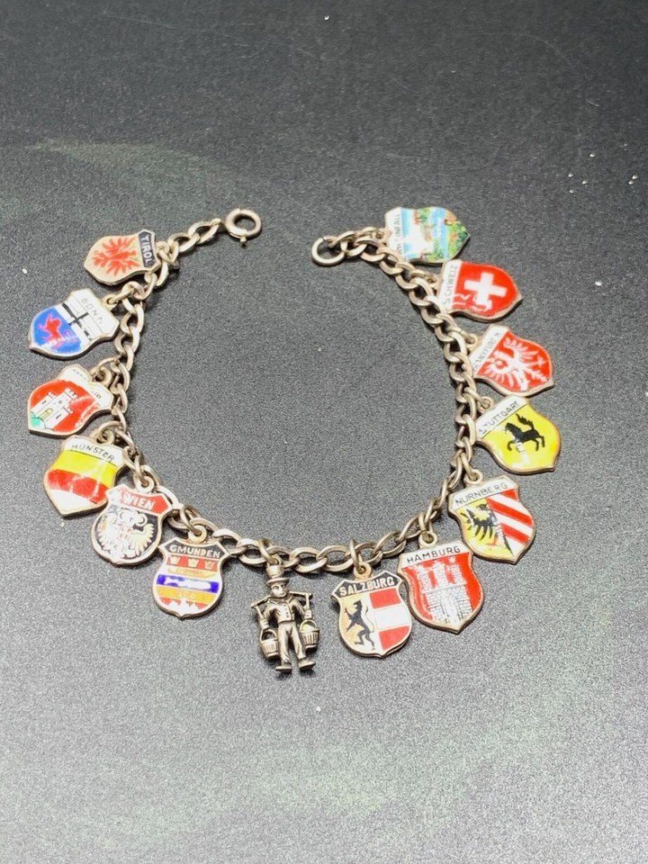 Shields Bracelet Vintage 800 Silver European Enamel 14 Shield Travel ...
