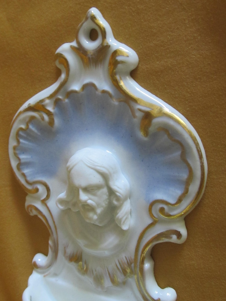 Antique Holy Water Font Reliquary Porcelain Christ Blue And Gold | eBay