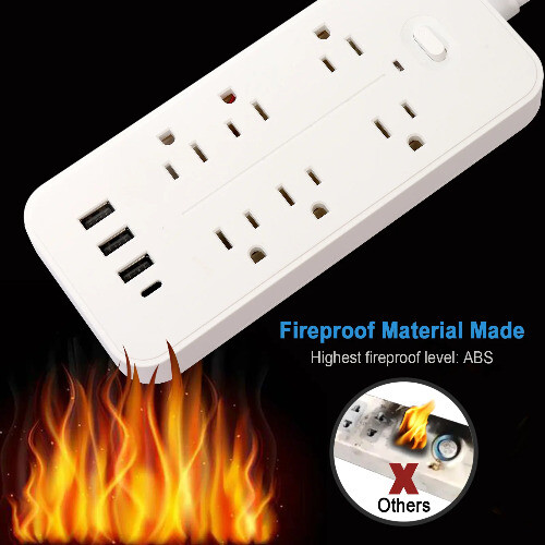 US Power Strip 6 AC Outlets 10A 110v 220v 3 USB Ports Sockets 1 TYPE-C ...