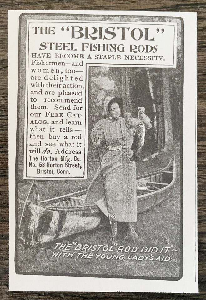 BRISTOL Steel Fishing Rods Canoe Lady Holds Fish Catch Vtg 1903 Photo ...