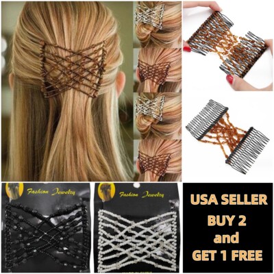 Women Elastic Beads Banana Clip Hairpin Stretch Magic Hair Comb Clip ...
