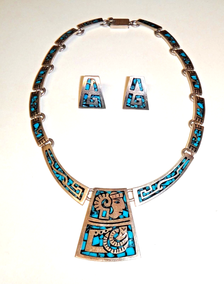 Taxco Sterling Silver Turquoise Chip Inlay Panel Link Collar Necklace ...