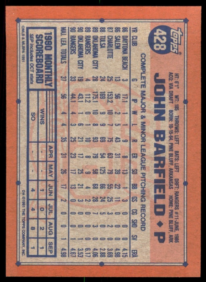 1991 TOPPS JOHN BARFIELD RC TEXAS RANGERS #428 | eBay