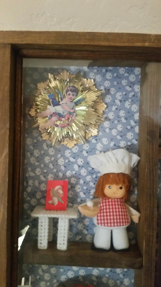 Vtg 70s Wood Glass Wall Shadow Box Kitchen Chef Merry Mushroom Paper ...