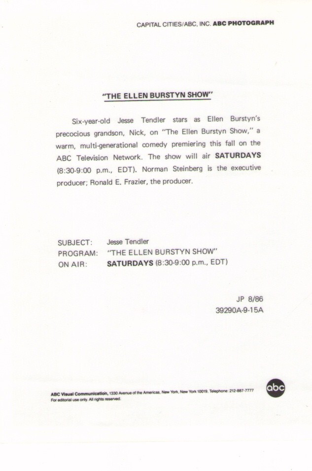 JESSE TENDLER young star of tv's Ellen Burstyn Show 7x9 orig tv promo ...