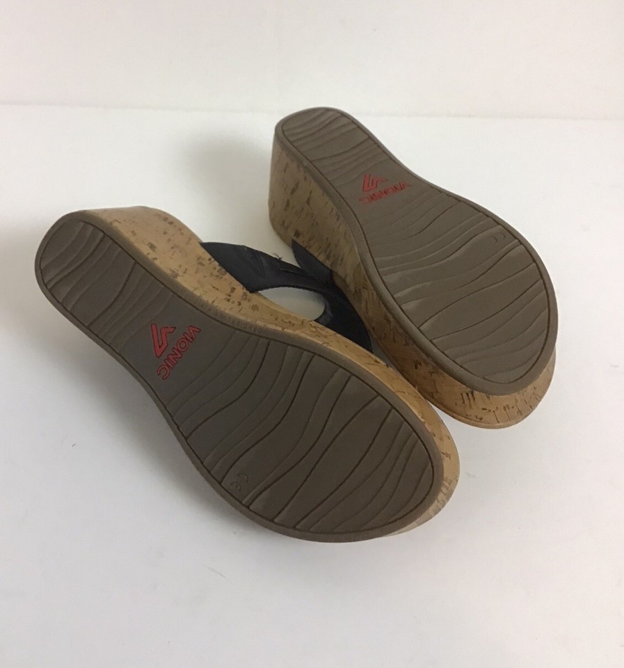 Vionic Cameron Thong Wedge Sandals Size 6 Black Cork Wedge Leather ...