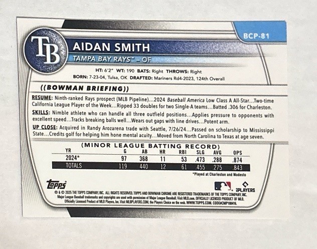 2025 Bowman Chrome Aidan Smith Tampa Bay Rays BCP81 | eBay
